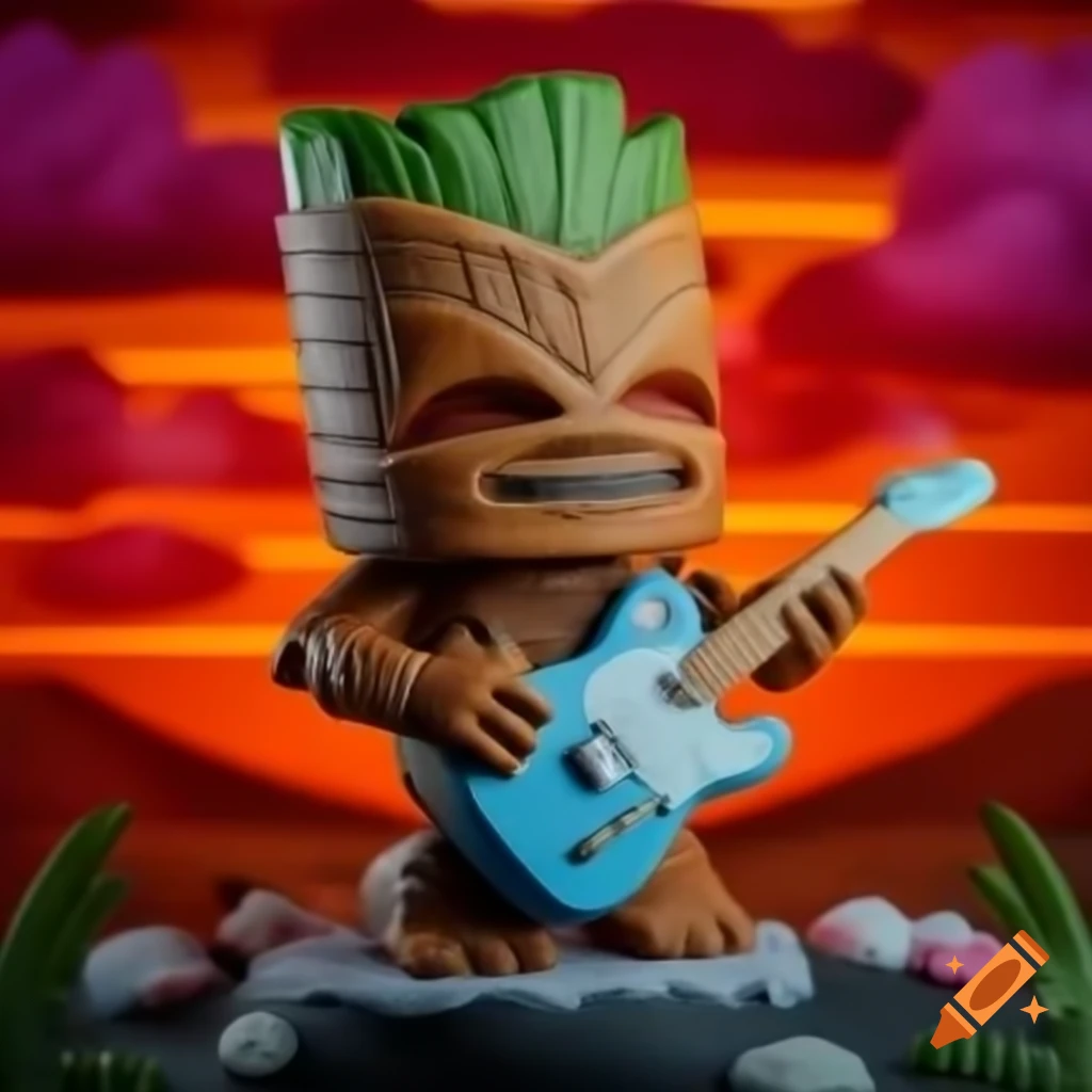 Tiki idol playing baby blue telecaster guitar under vibrant sunset on ...