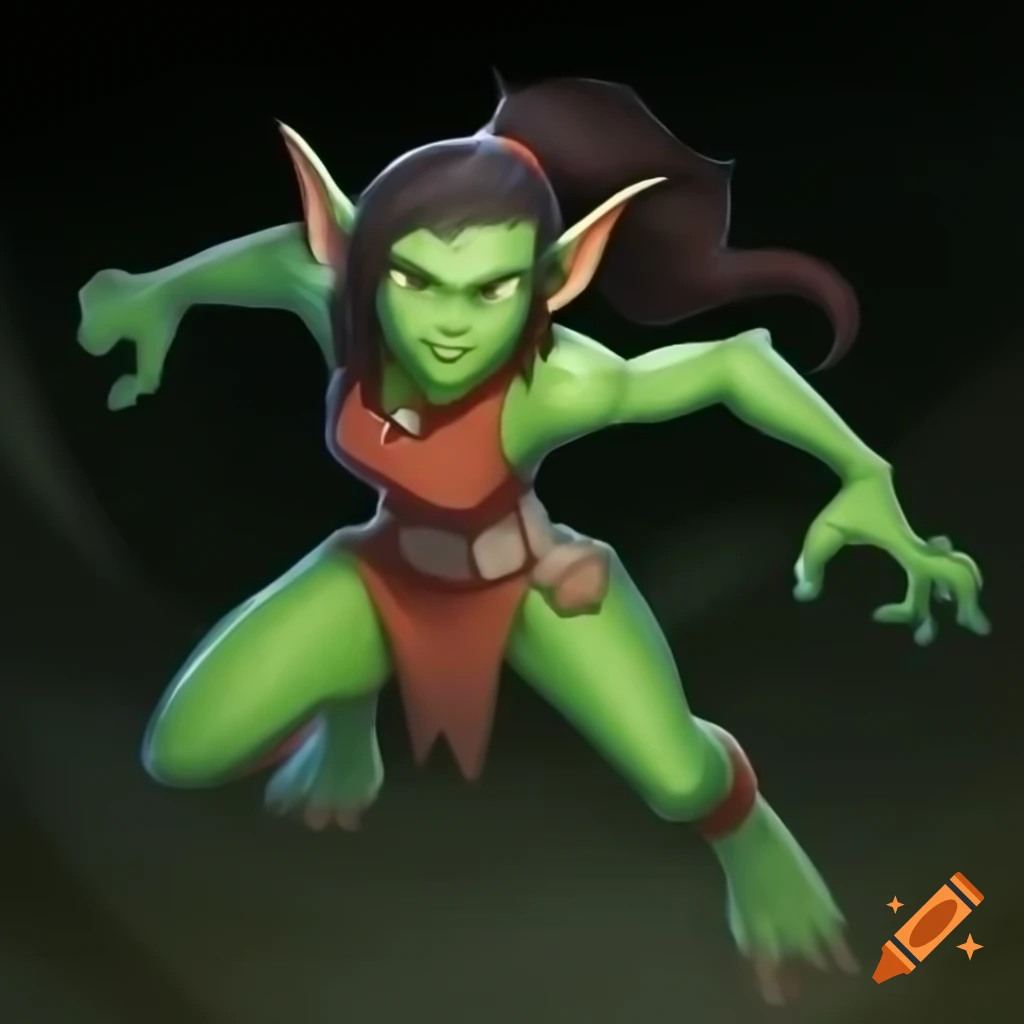 Vibrant green-skinned goblin girl in action pose, anime styling on Craiyon