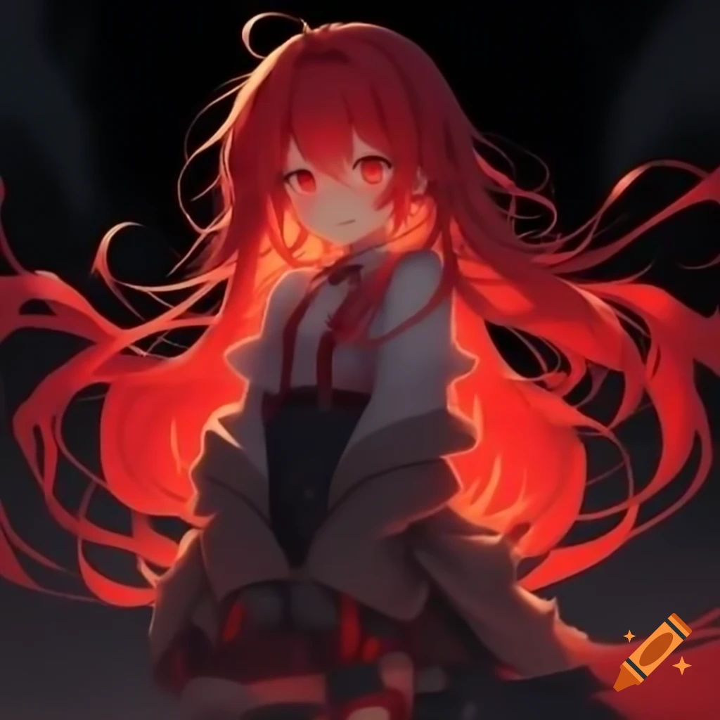 Anime girl with long glowing red hair and aquamarine eyes posing ...