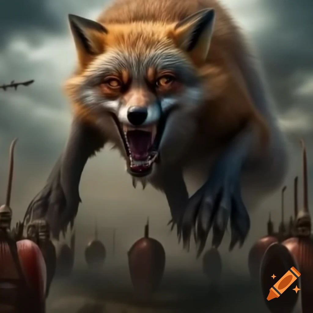 Gigantic fox with large teeth towering over tiny Roman soldiers on Craiyon
