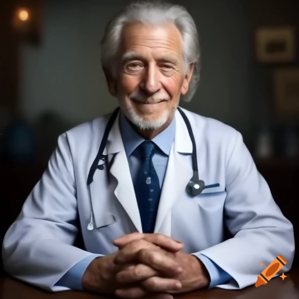 Elderly male doctor with silver-gray hair and blue eyes in a white lab ...