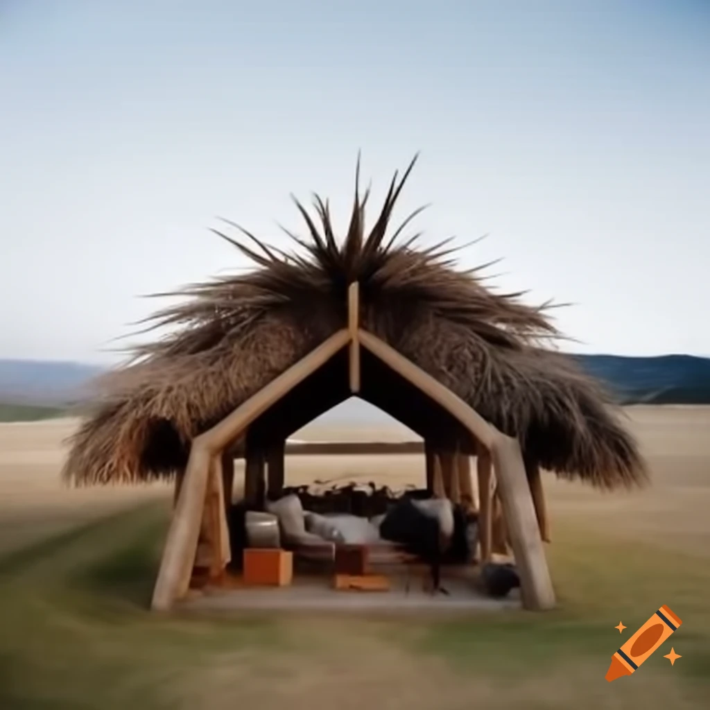 Rustic sheep shelter with thatched sod roof in natural landscape on Craiyon