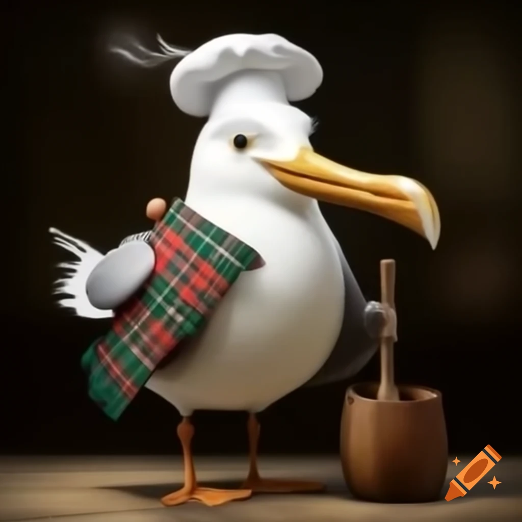 Whimsical seagull in kilt and chef's hat with wooden leg on Craiyon