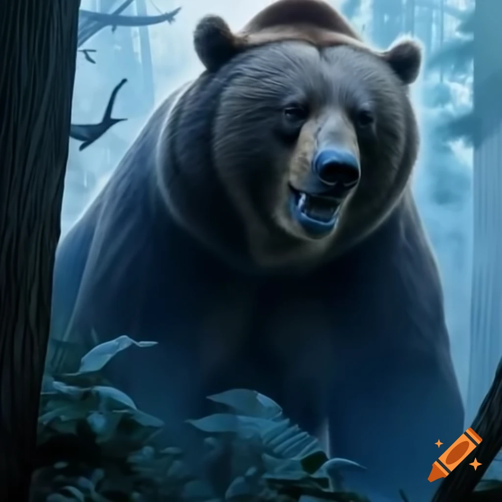 Fierce bear in jungle with boys reacting, one climbing tree on Craiyon