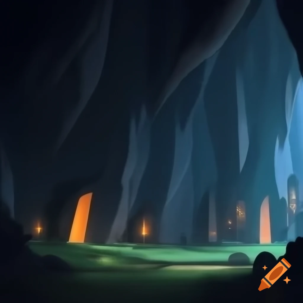 Wide dark cave with torches and various rooms on Craiyon
