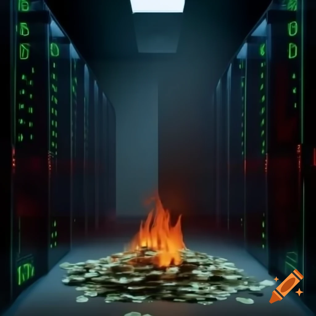 Cover concept with burning stack of cash dissolving into glitchy binary ...