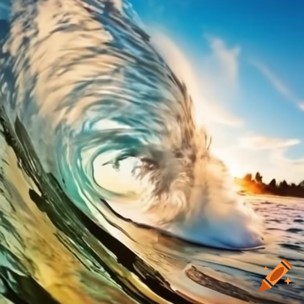 Sunset wave with palm tree silhouette on Craiyon