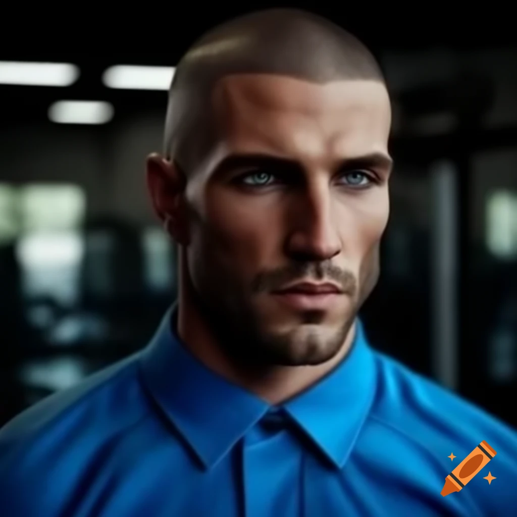 Man with buzz cut wearing blue shirt standing in gym on Craiyon