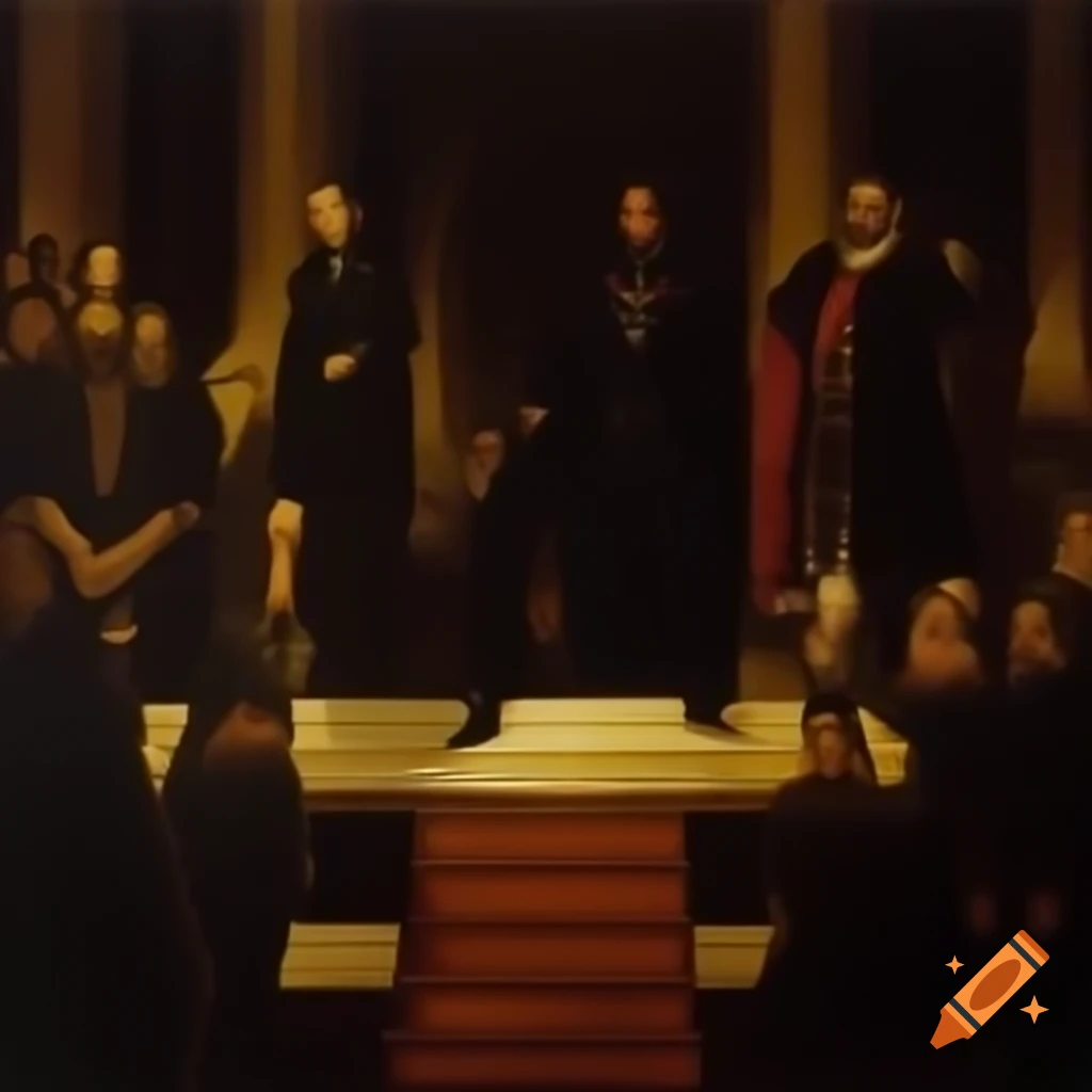 Luxurious wooden table on platform with wealthy men in suits counting ...