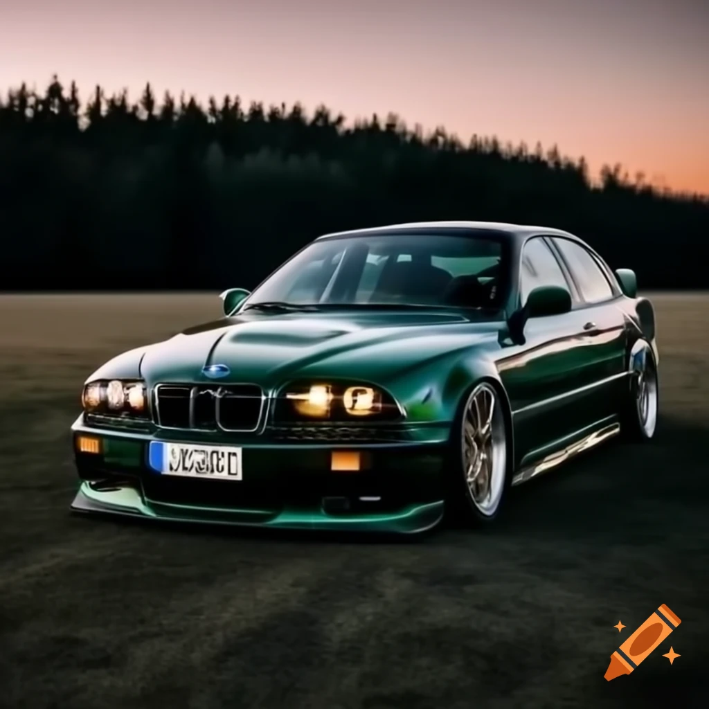 Matte green BMW E46 sedan parked in field by forest at twilight with ...