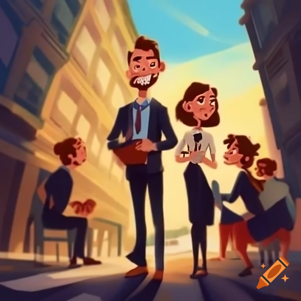 Animated scene of a city guide in Vienna with an enamored girl on Craiyon