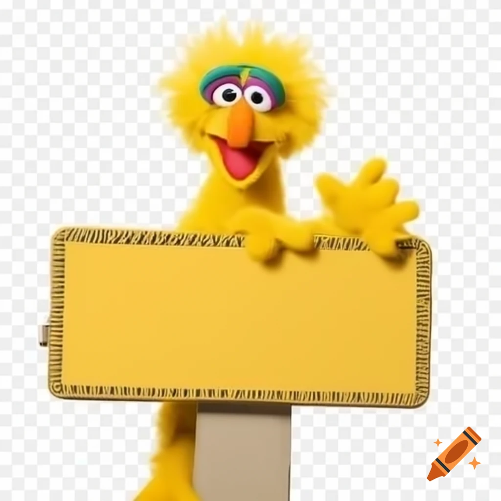 Yellow muppet bird holding a sign on Craiyon