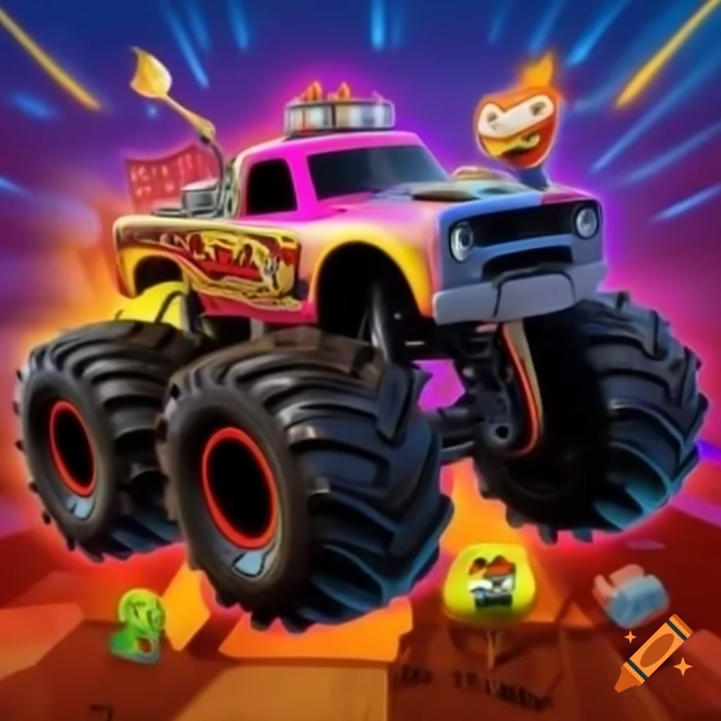 Colorful star monster truck performing at monster truck rally on Craiyon