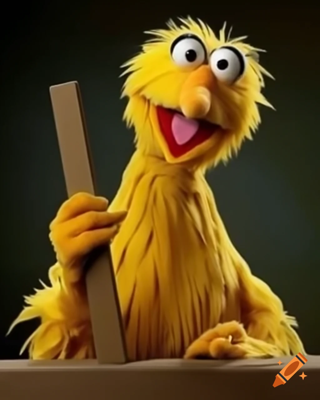 Yellow muppet bird holding a sign on Craiyon