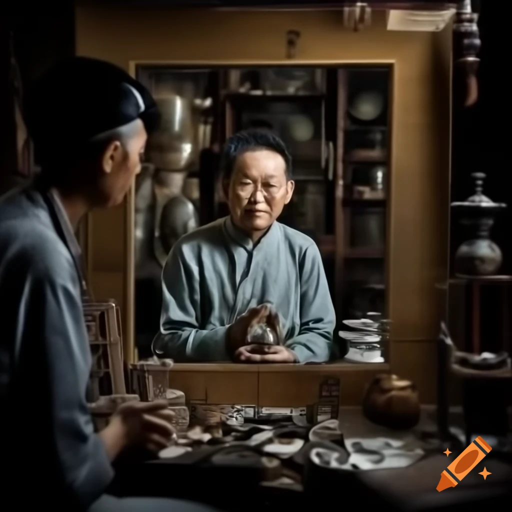 13th-century chinese artisan admiring reflection in glass mirror on Craiyon