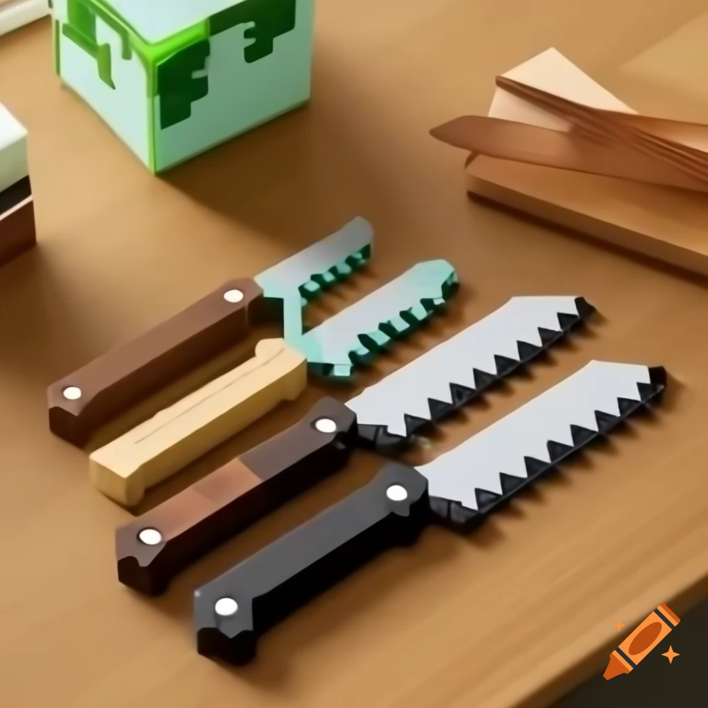 Minecraft style scene with knives placed on a table on Craiyon