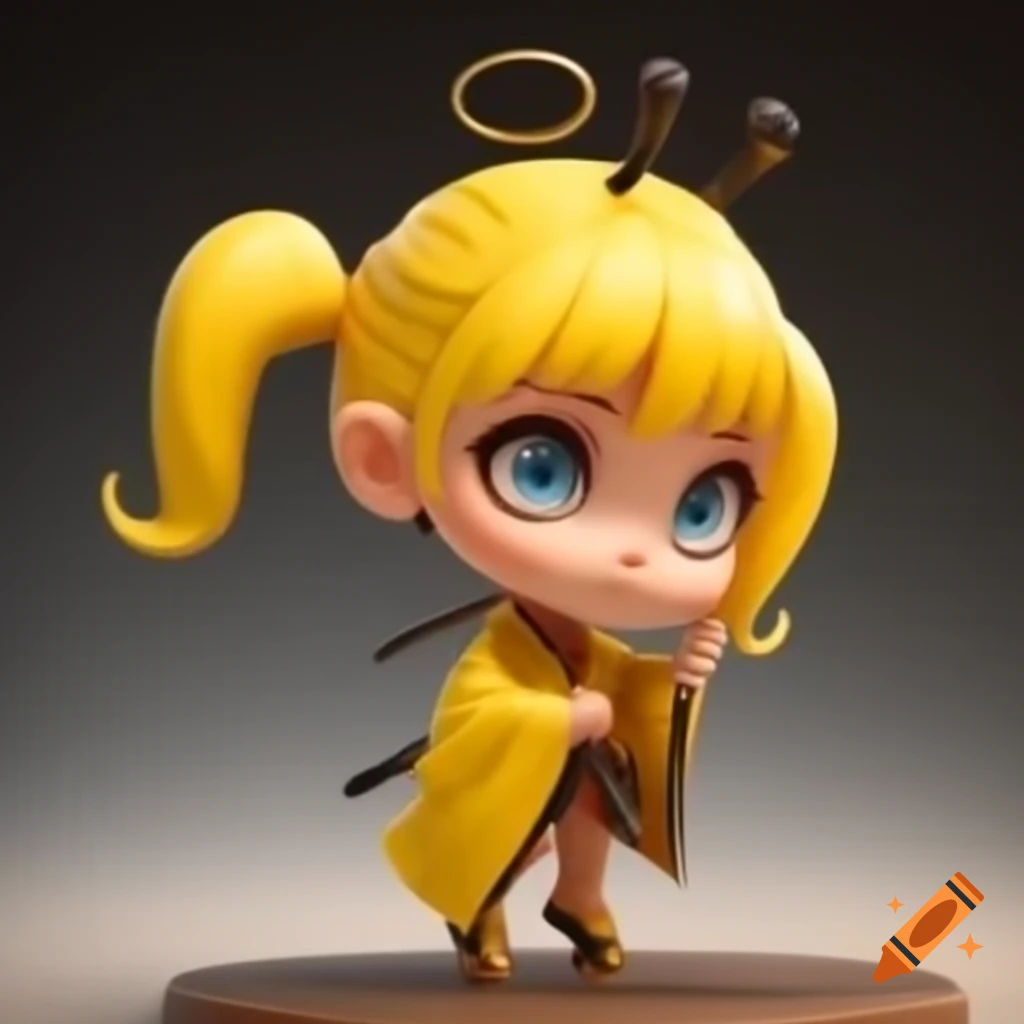 Manga chibi girl with bees and ram, golden horns, and yellow kimono on ...