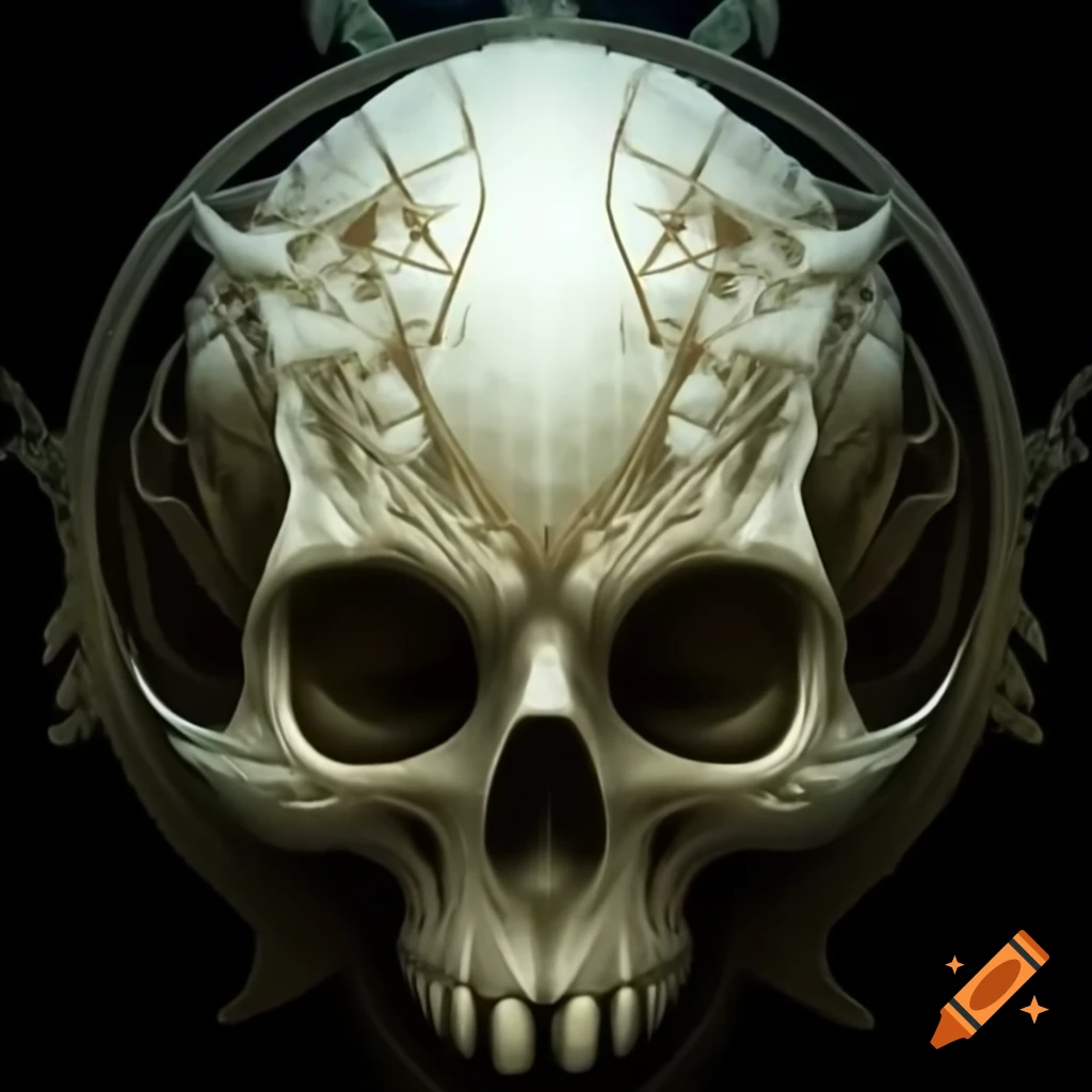 Fractal biohazard egyptian art on alien bone skull on Craiyon
