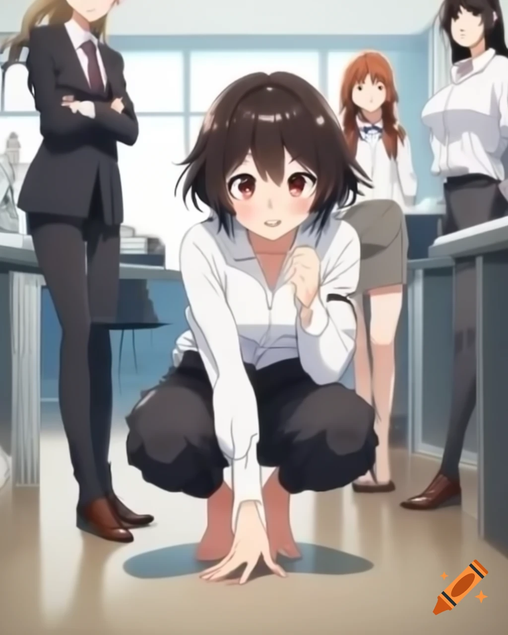 Anime scene of young woman in disheveled business outfit crawling in ...
