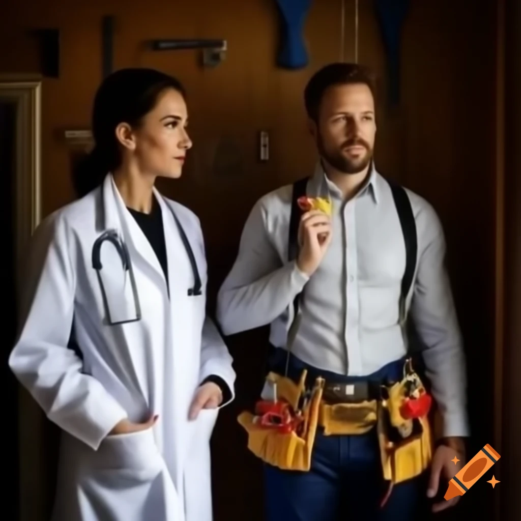 Electrician and doctor couple standing hand in hand in warm cinematic ...