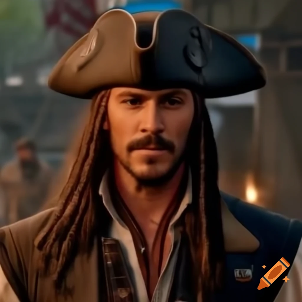 Angry pirate captain Jessica, slim and small with coat and glasses on ...