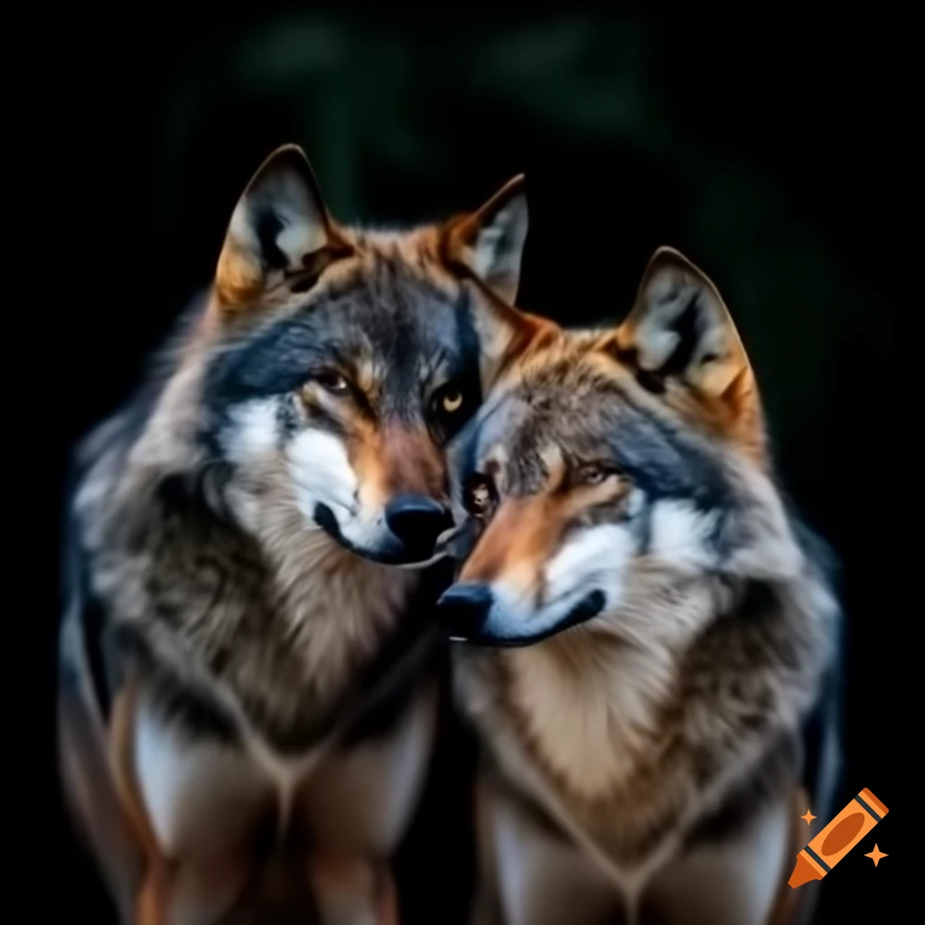 Male and female wolves joining heads on dark background with bold rim ...