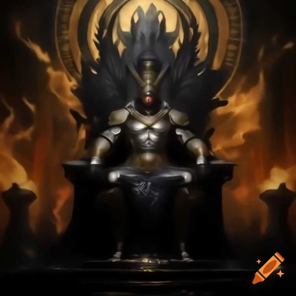 Warrior-king on obsidian throne surrounded by celestial symbols and ...
