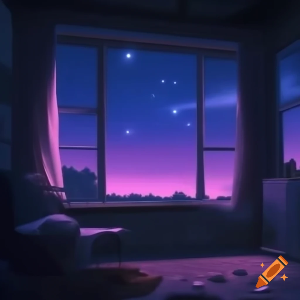 Cozy dimly lit room with purple lighting and a window showing evening ...
