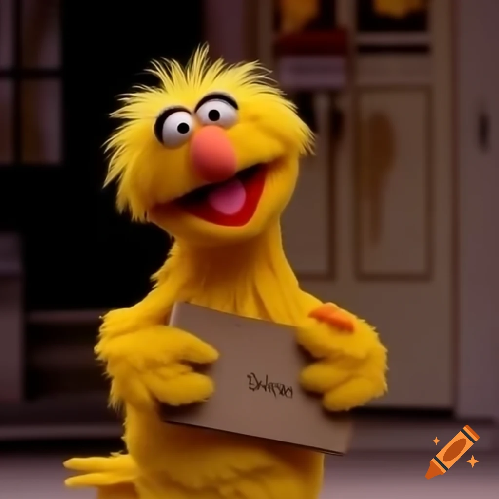 Yellow muppet bird holding a sign on Craiyon