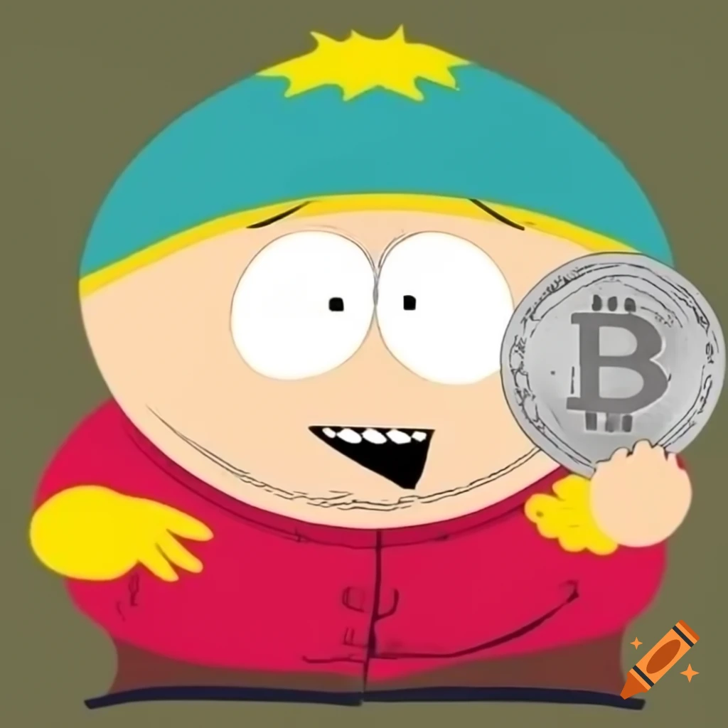 Eric Cartman holding cryptocurrency coin from South Park on Craiyon