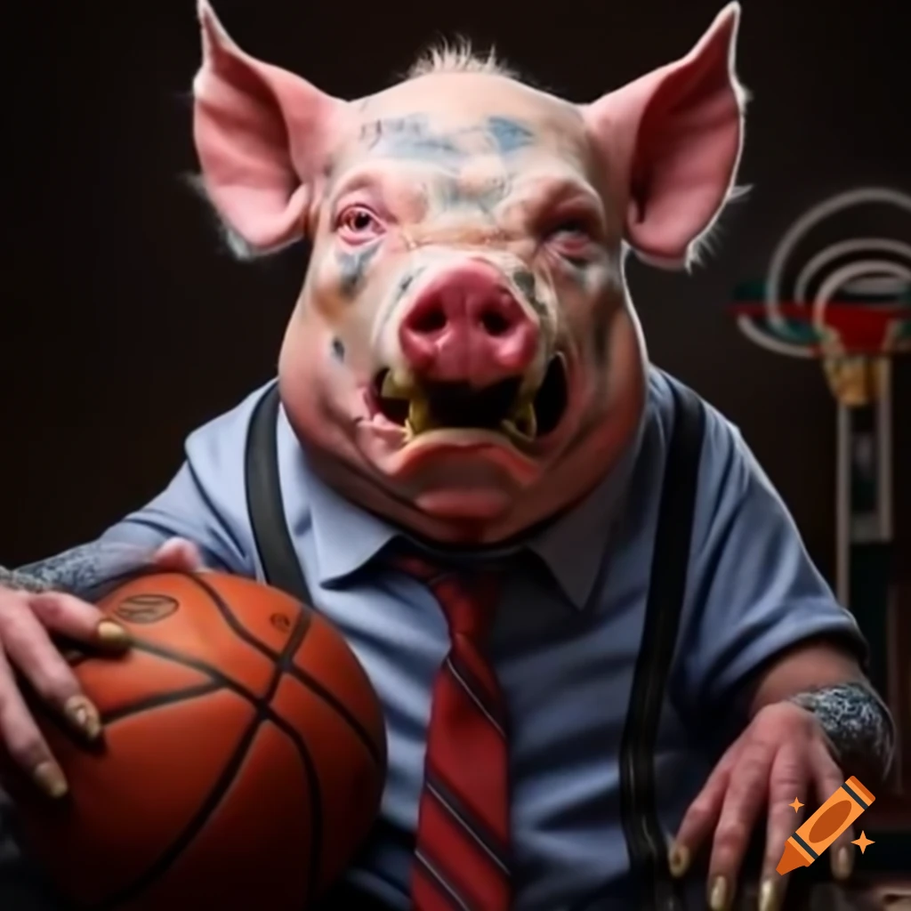 Cartoonish evil pig holding a basketball on Craiyon