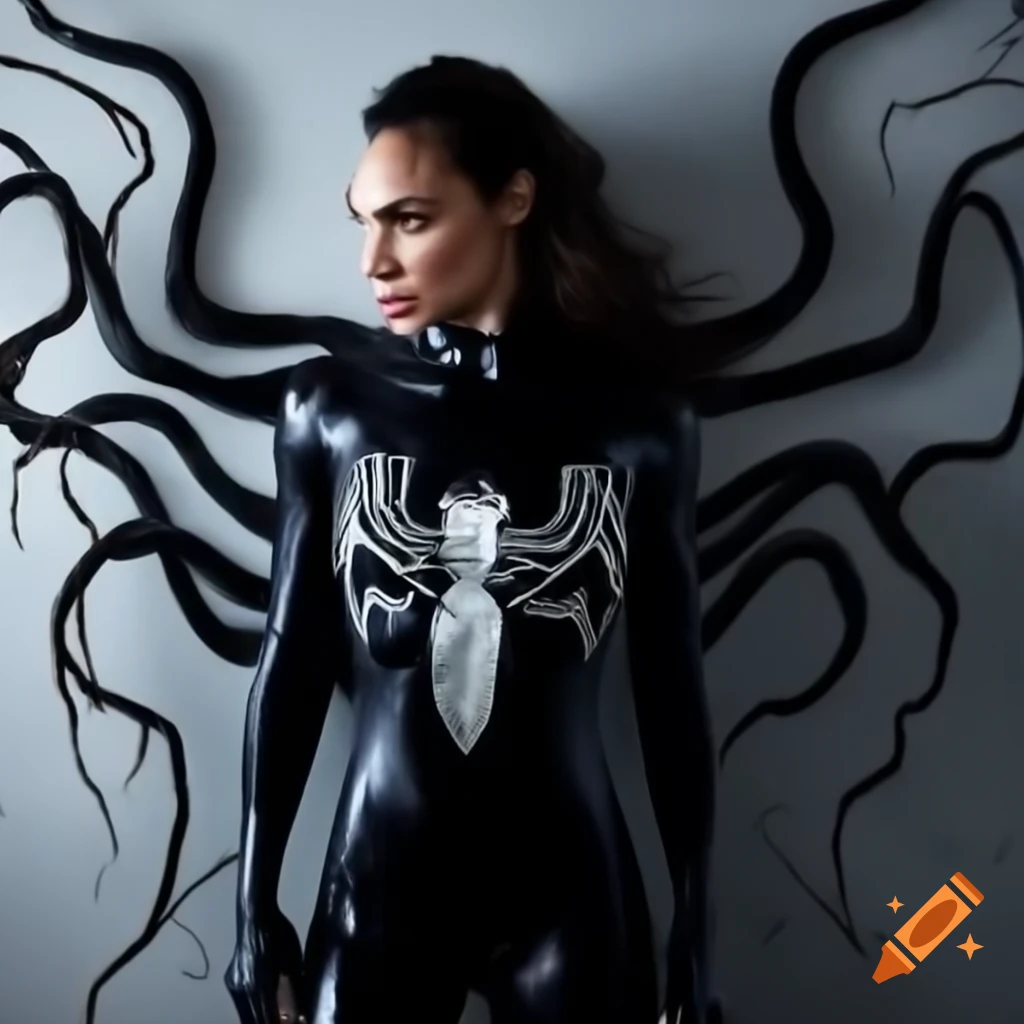 Gal gadot with venom symbiote design in front of white wall on Craiyon