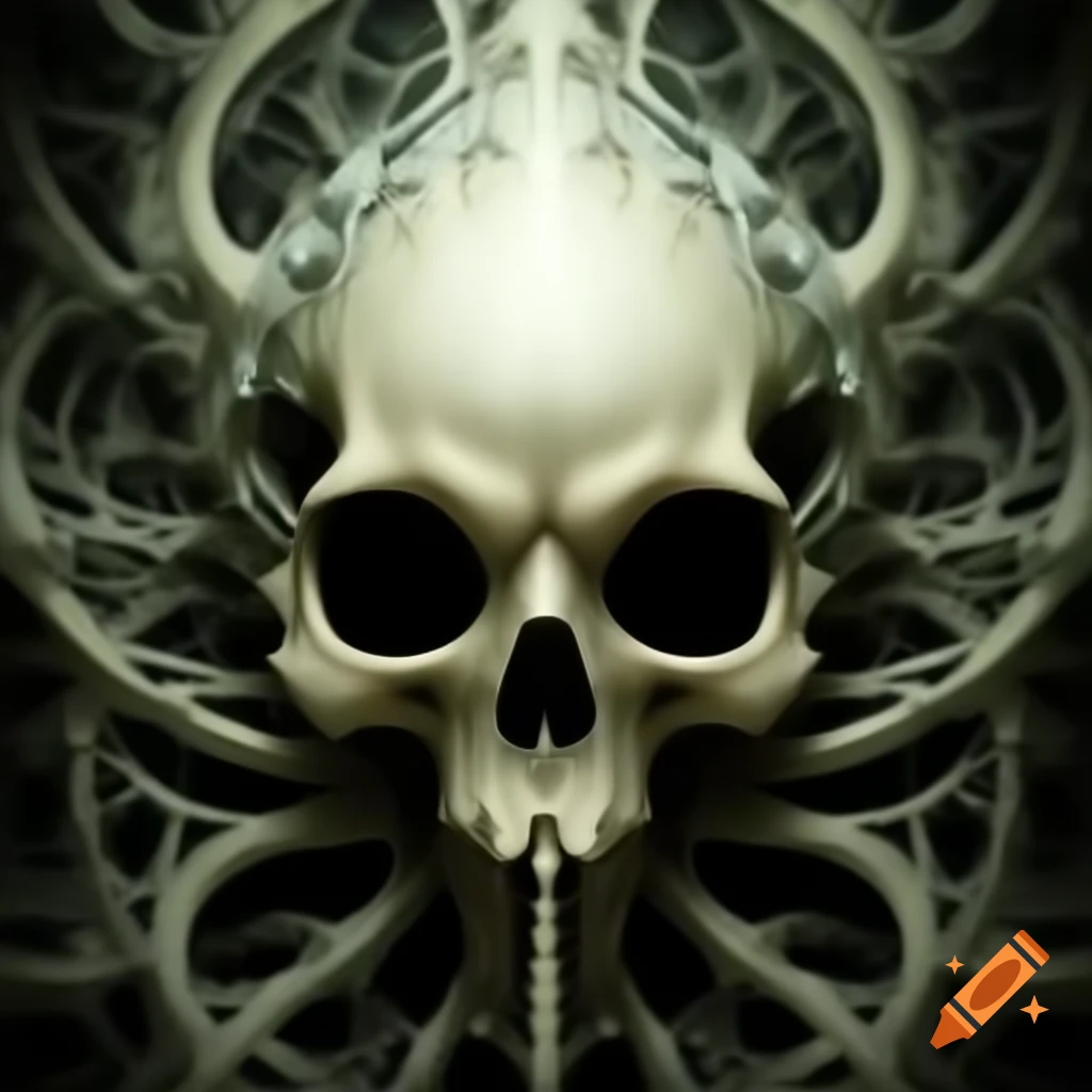 Fractal occult egyptian art on alien bone skull on Craiyon
