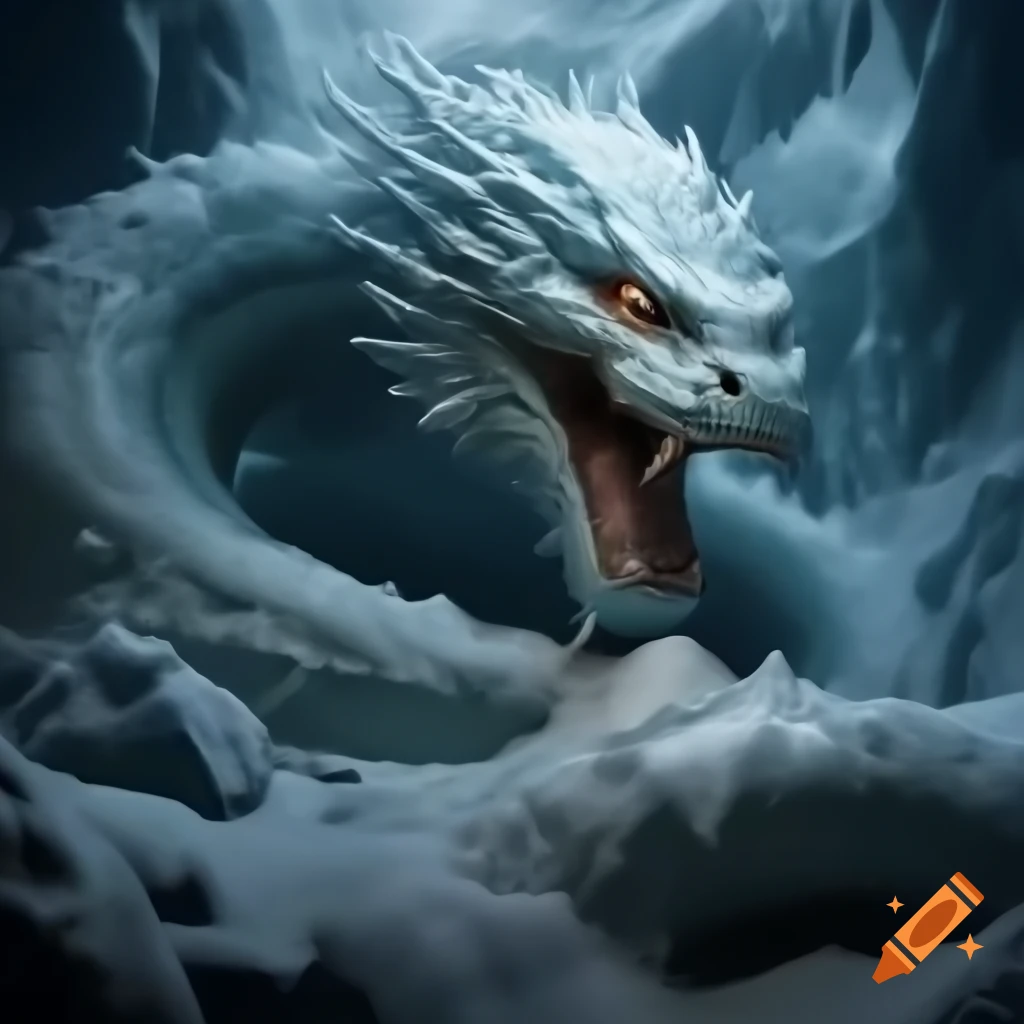 Ancient colossal serpent encased in ice in blizzard setting on Craiyon