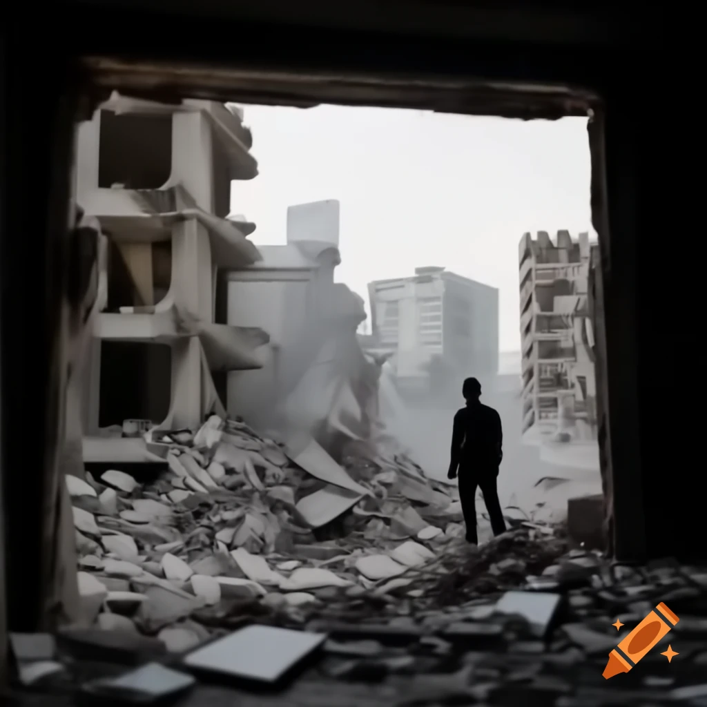 Man standing on rubble in damaged urban area on Craiyon