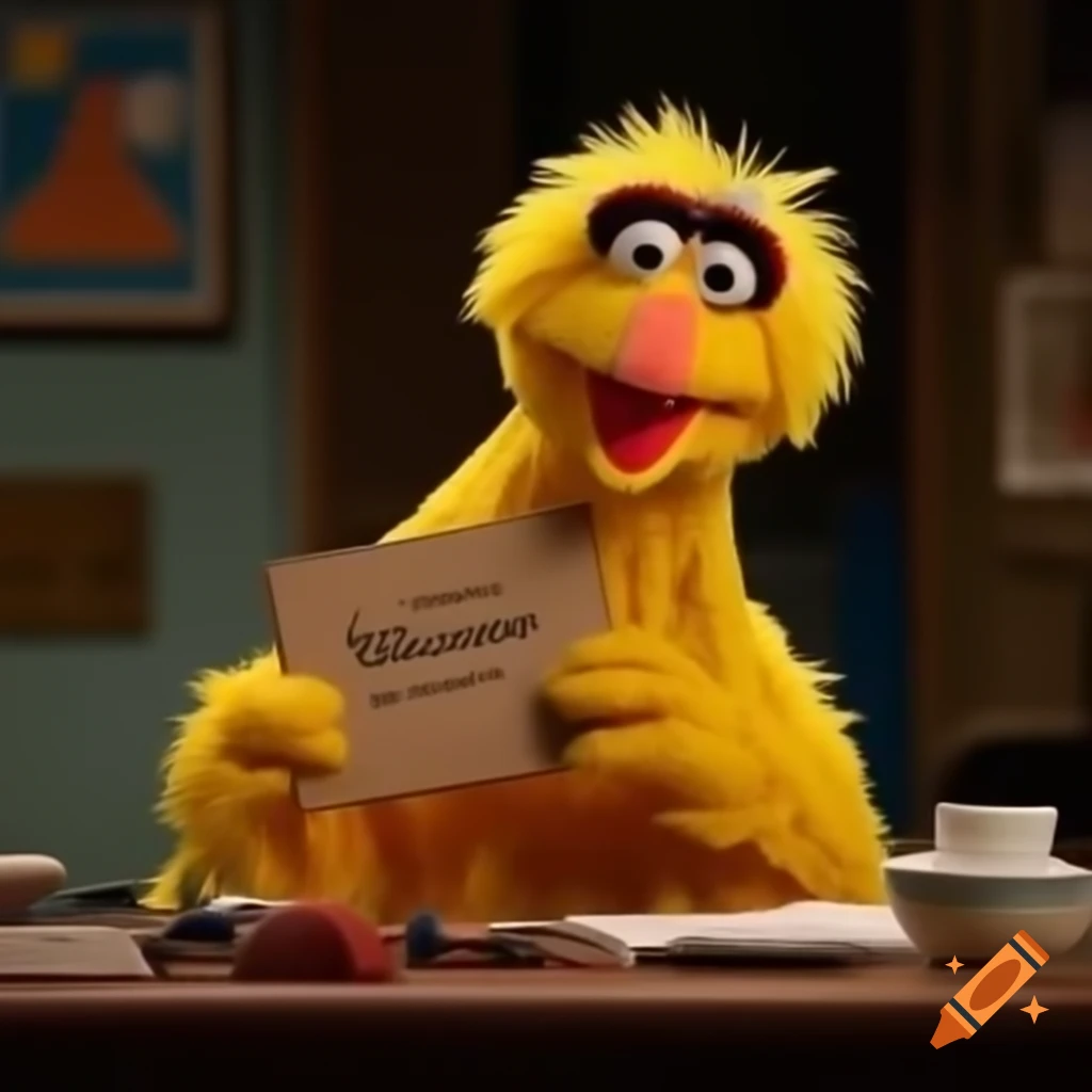 Yellow muppet bird holding a sign on Craiyon