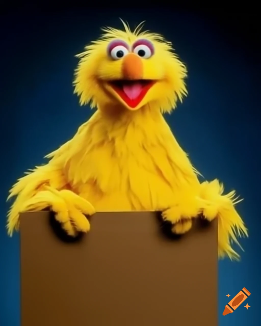 Yellow muppet bird holding a sign on Craiyon