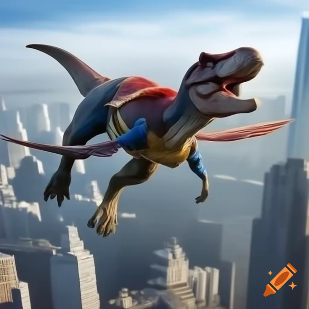 T-rex flying over skyscrapers in superhero style on Craiyon