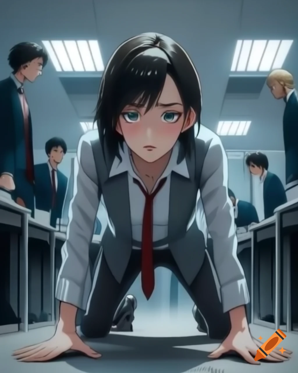 Anime scene of young woman in disheveled business outfit crawling in an ...