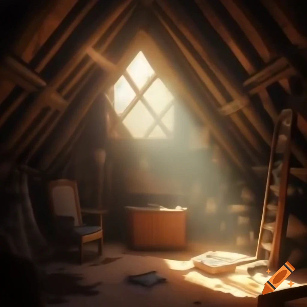Cozy attic with golden sunlight and dusty beams, cluttered with old ...