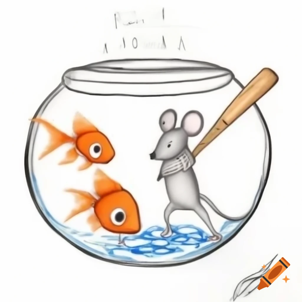 Mouse hitting goldfish bowl with baseball bat in child-like drawing ...