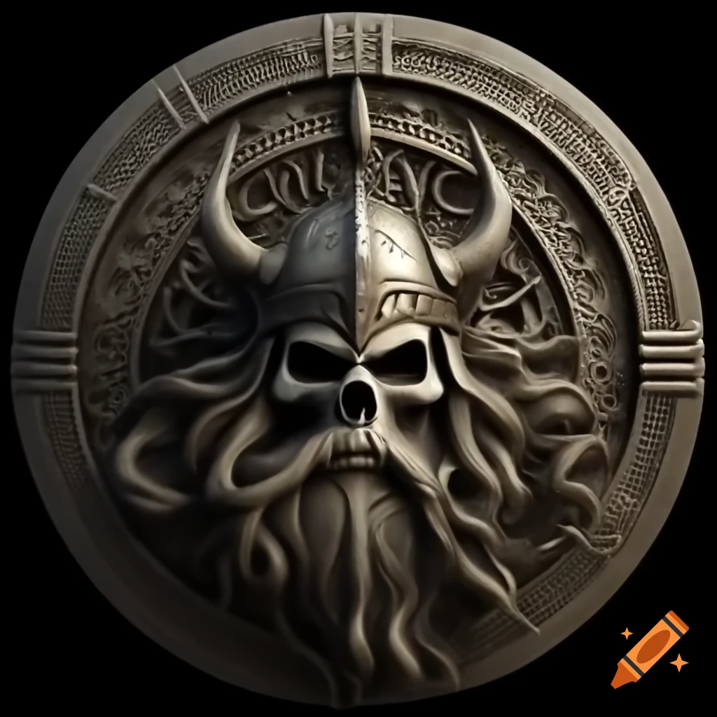 Intricately detailed bas-relief Viking head emblem with skulls and ...