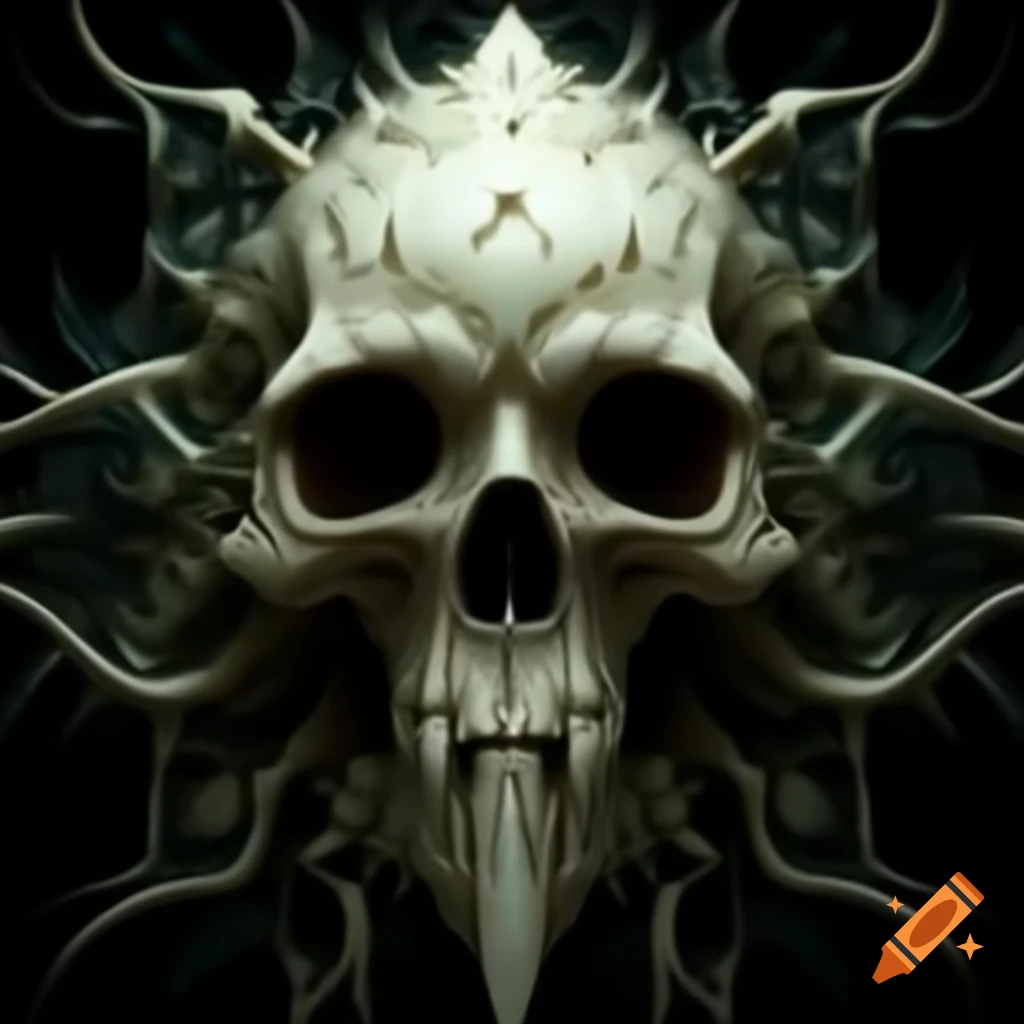 Fractal biohazard egyptian art on alien bone skull on Craiyon