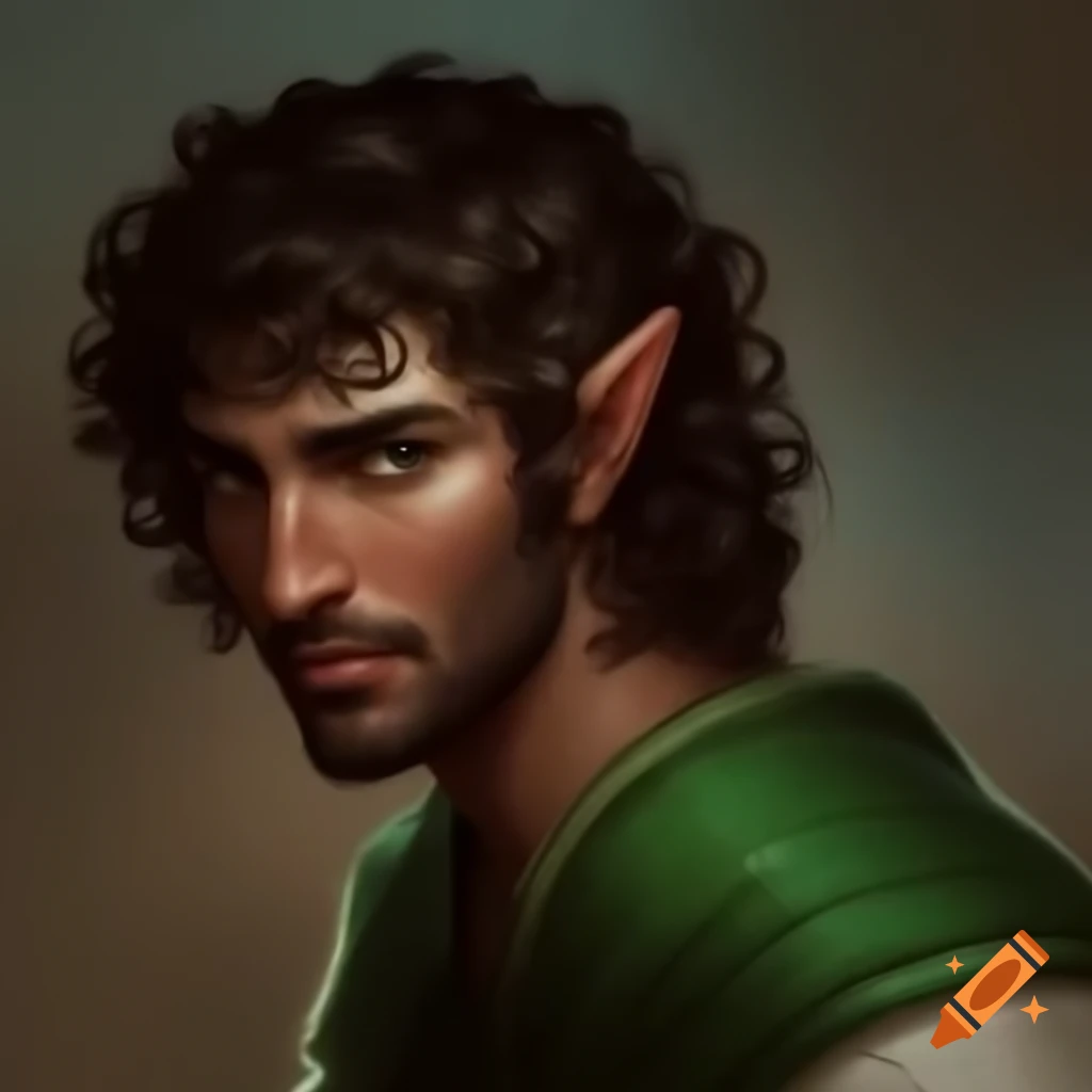 Portrait of a rugged half-elf adventurer in green attire with curly ...