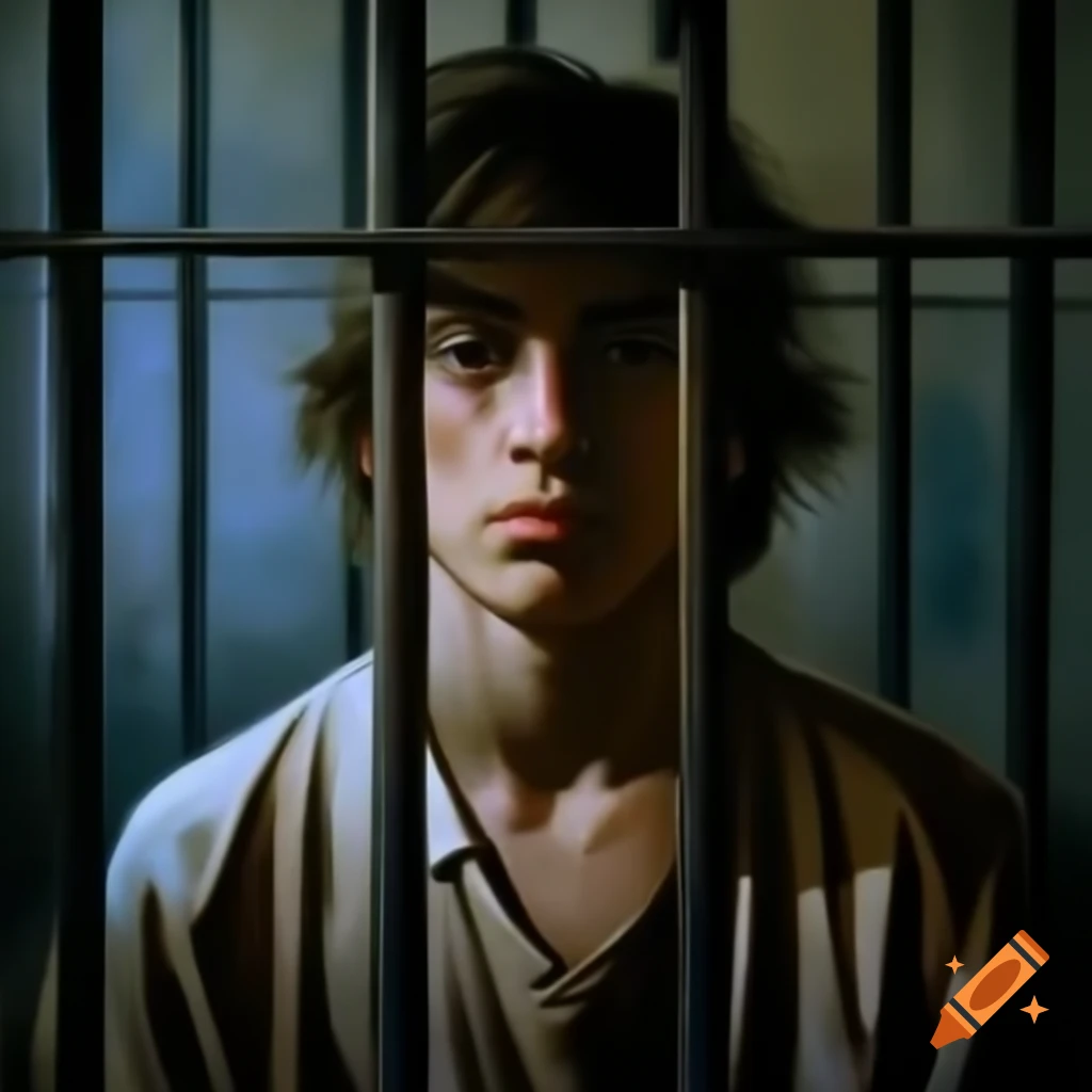 Young man with weary expression gazing through prison window, dim light ...