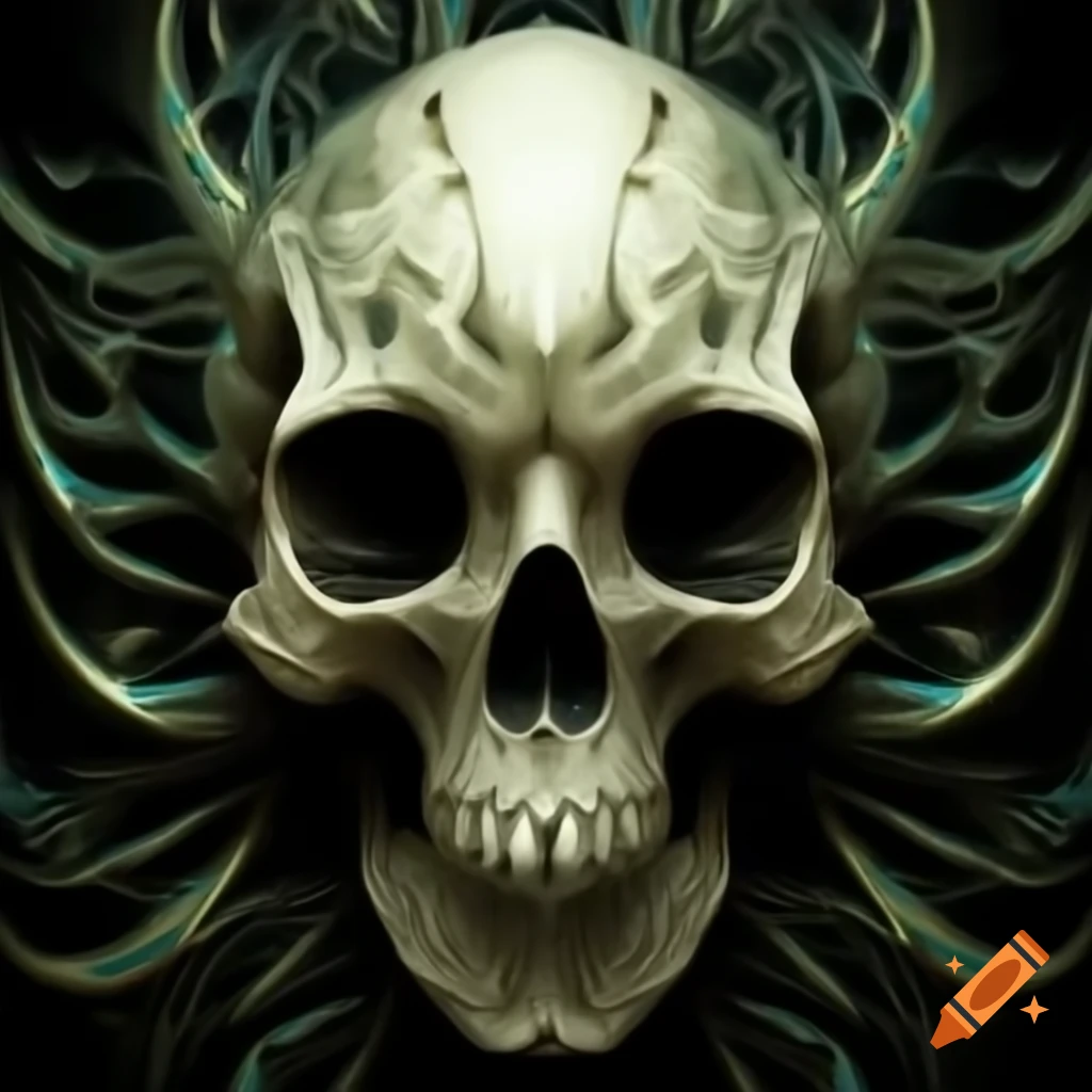 Fractal biohazard egyptian art on alien bone skull on Craiyon