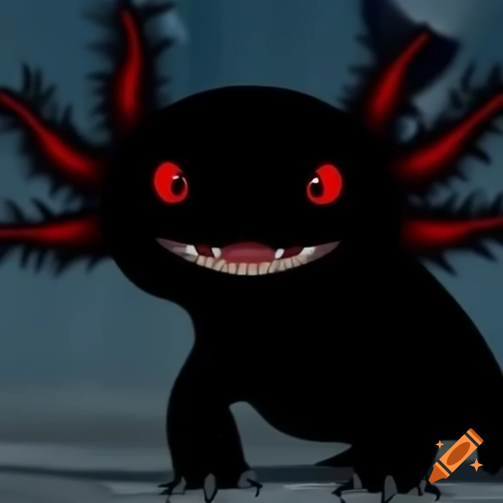 Humanoid axolotl in anime style, black with red eyes and sharp teeth on ...