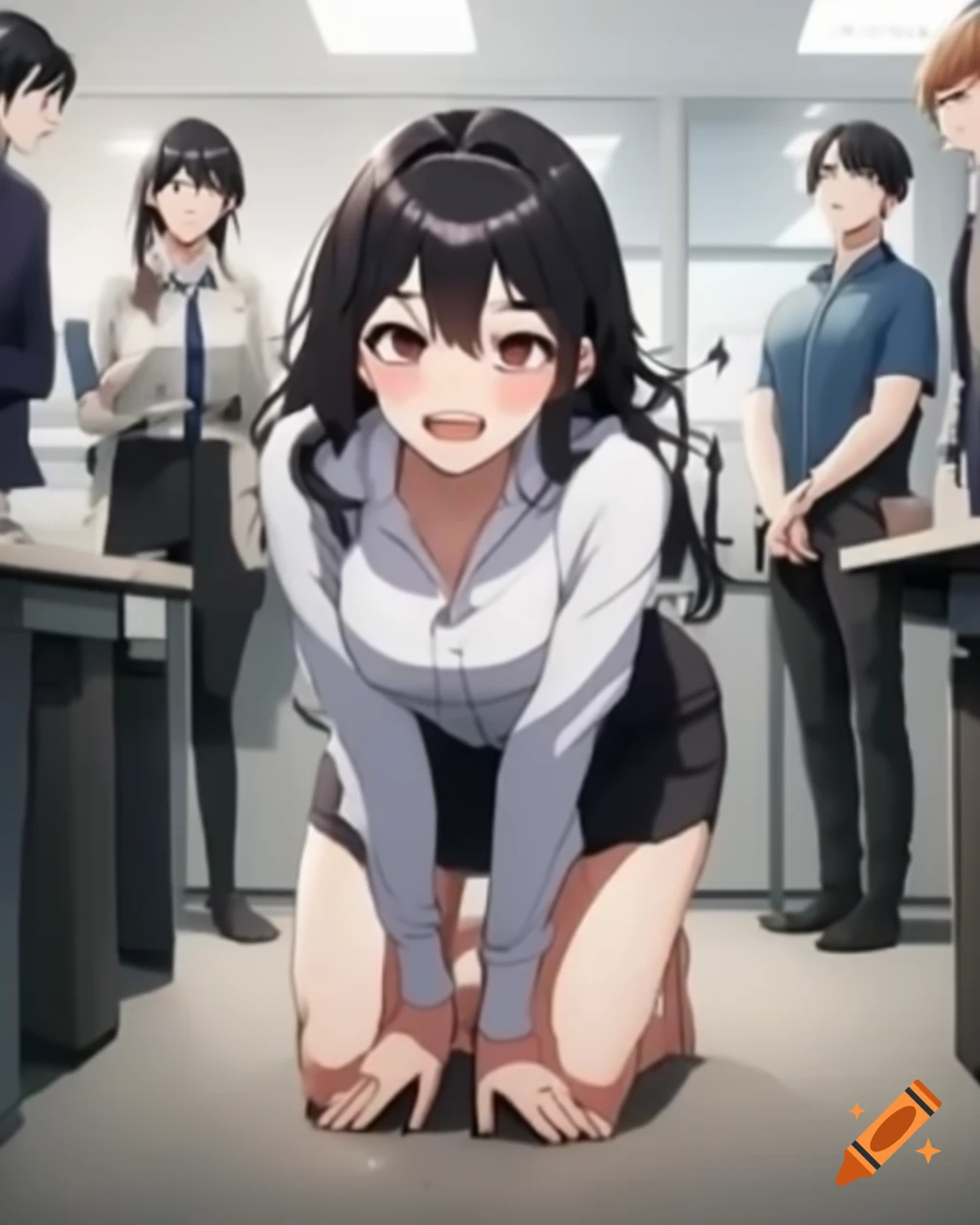 Playful young woman in disheveled business outfit crawling in office ...