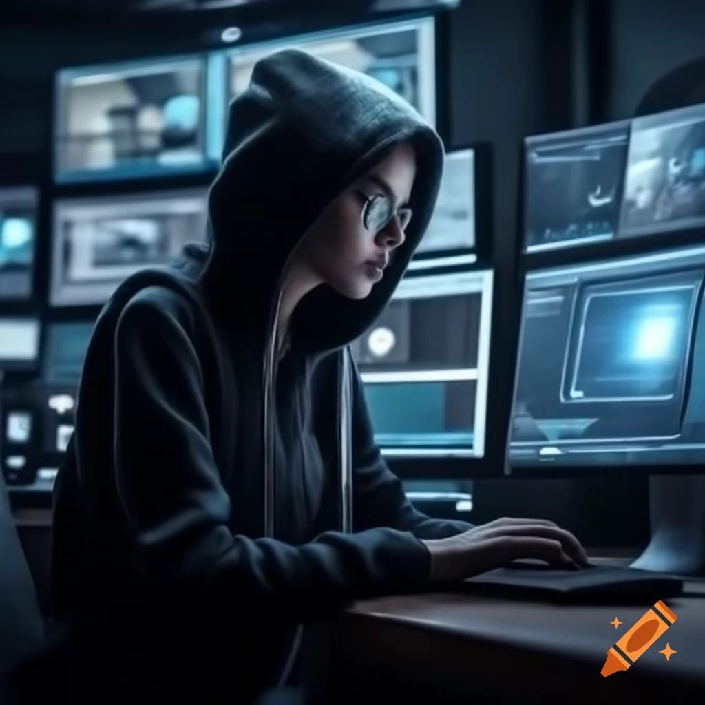 Female developer in black hoodie working in front of laptop and multiple screens on Craiyon
