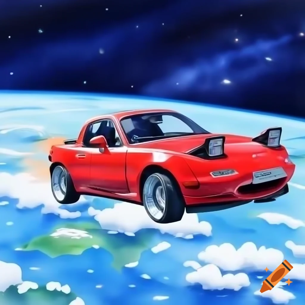 Mazda MX-5 in red flying away from Earth with stars and clouds on Craiyon